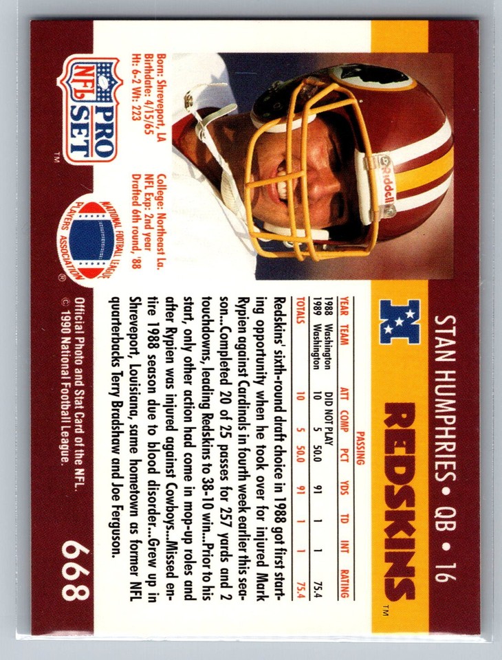 Stan Humphries 1990 Pro Set FOOTBALL #668 Washington Redskins RC | eBay