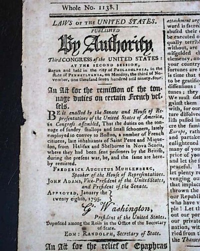 (2) President George Washington Acts of Congress Script Signed in 1795 ...