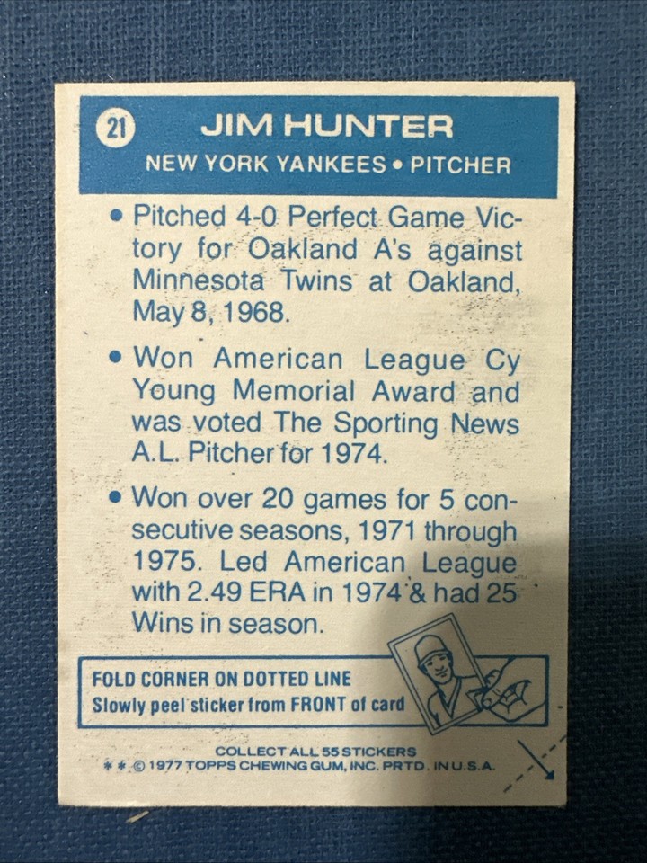 Jim Hunter 1977 Topps Cloth Patch Baseball Card #21 | eBay