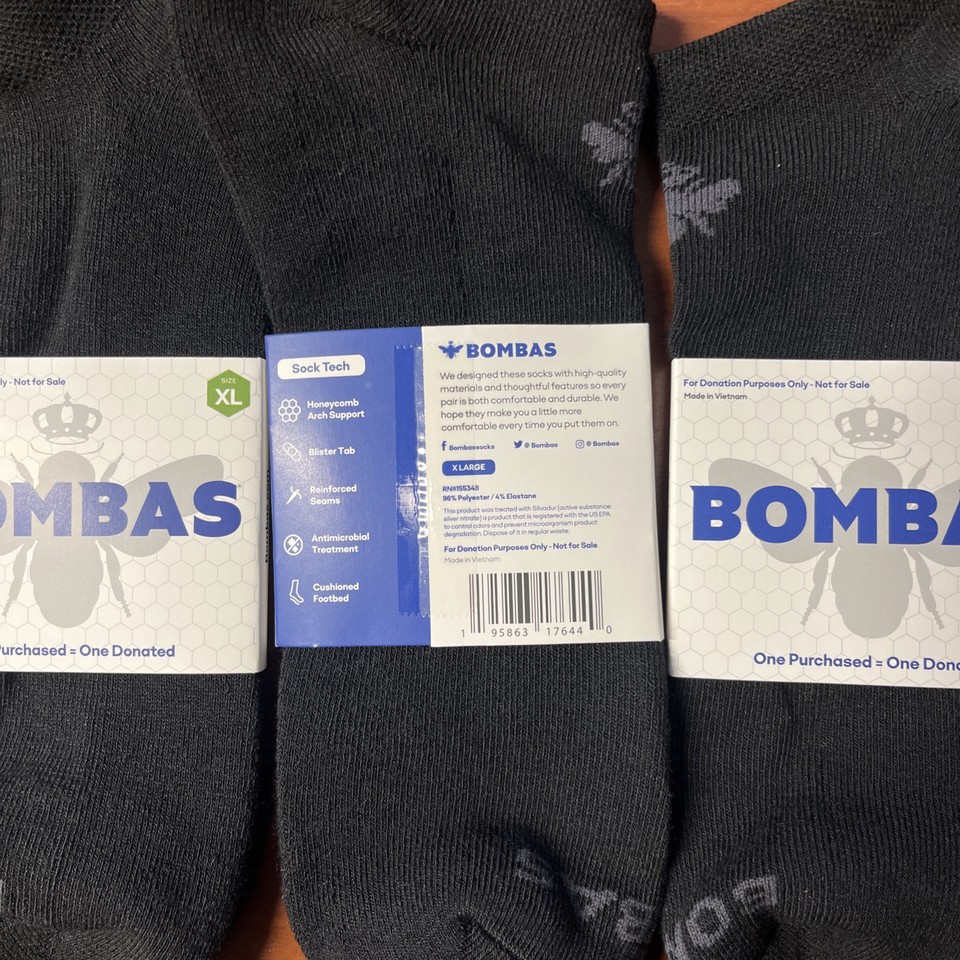 Bombas 3-Pair Antimicrobial Black Ankle Socks Unisex XL Adult New | eBay