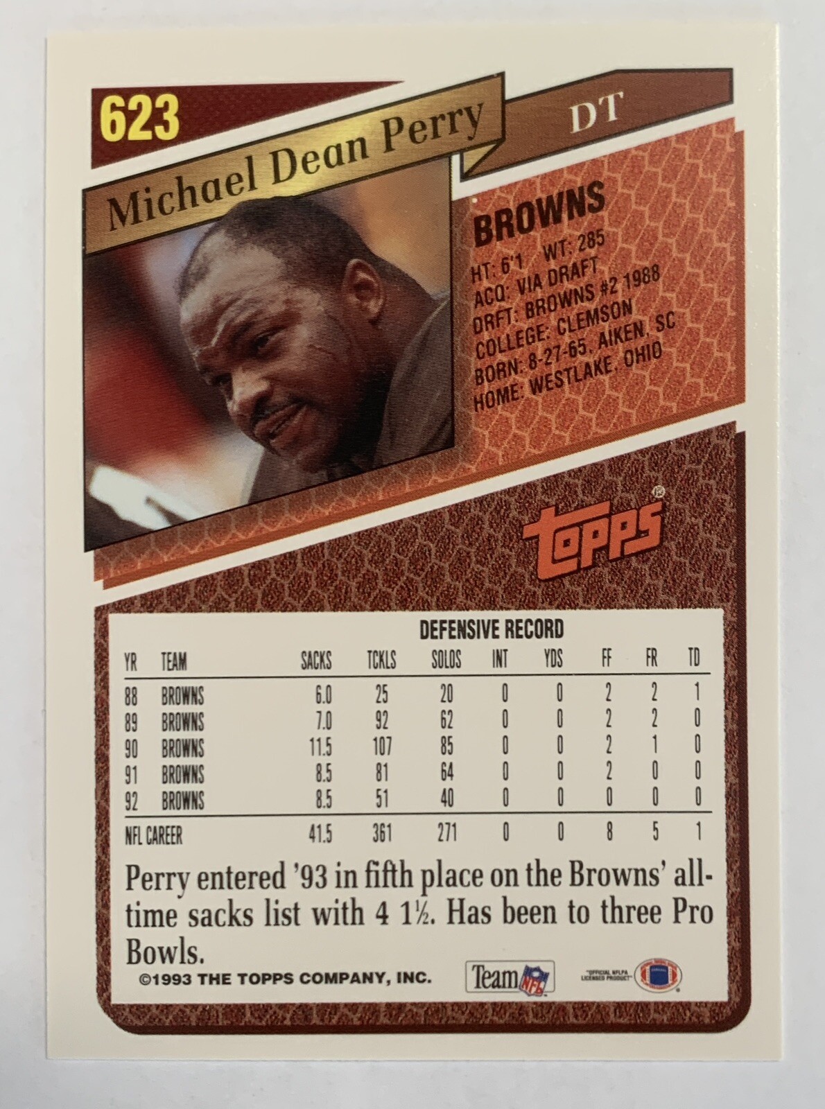 1993 Topps Football Card Gold #623 Michael Dean Perry - Cleveland ...