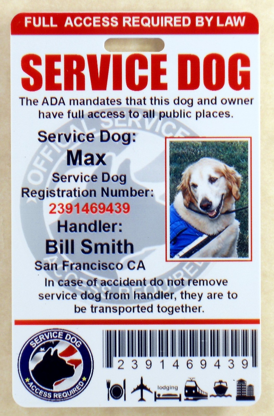 HOLOGRAPHIC SERVICE DOG ID CARD / BADGE ASSISTANCE ANIMAL ADA TAG 0 RED ...