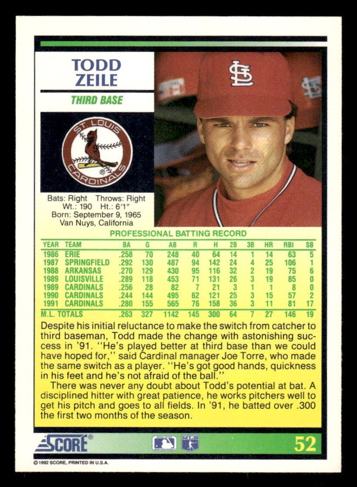 Todd Zeile 1992 Score #52 St. Louis Cardinals | eBay
