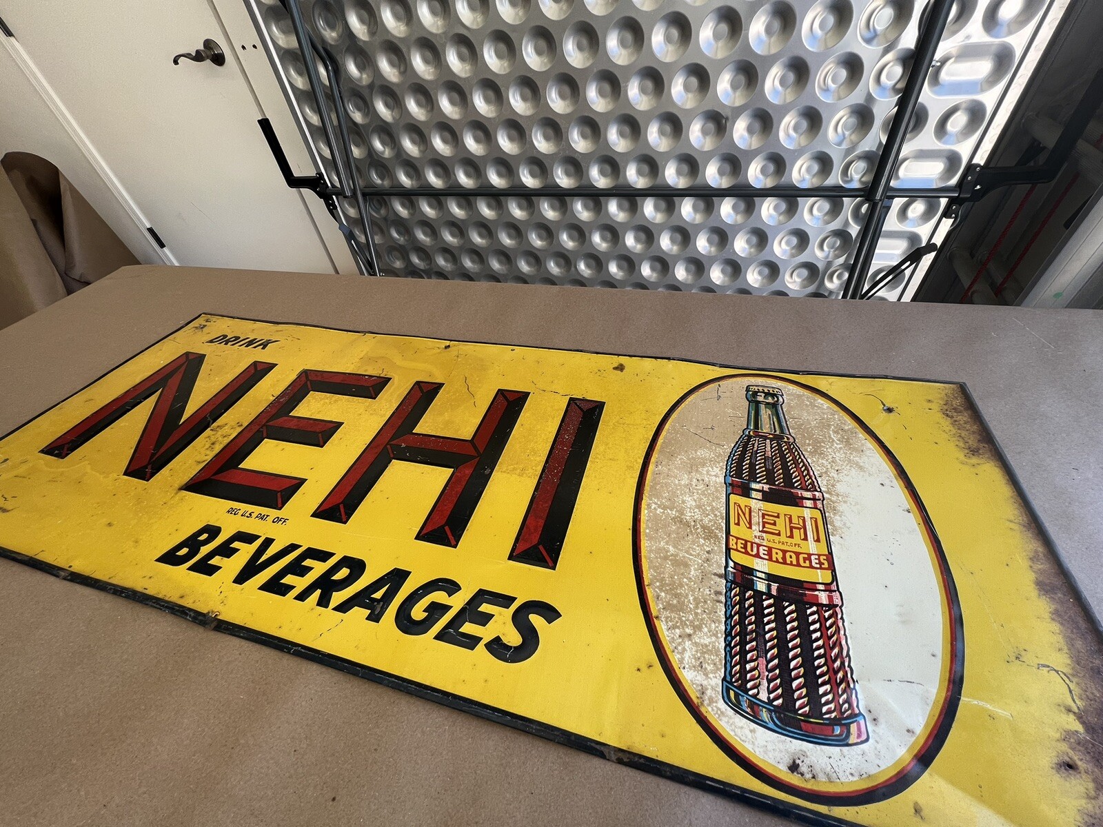 VTG Drink NEHI Bev Soda TinMetal Embossed Ad Sign 43”x 17”Donaldson Art ...