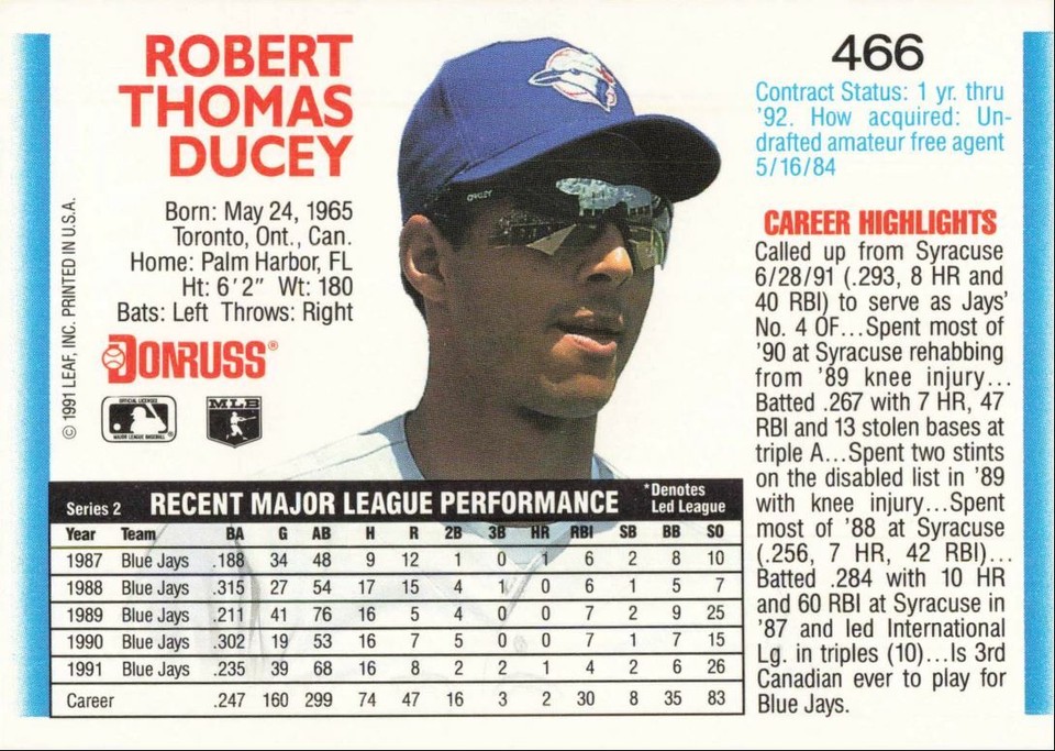 1992 Donruss Baseball Rob Ducey Toronto Blue Jays #466 | eBay