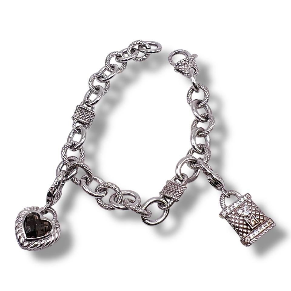 925 Silver Sterling JUDITH RIPKA Charm Bracelet Heart Lock Smoky Quartz ...