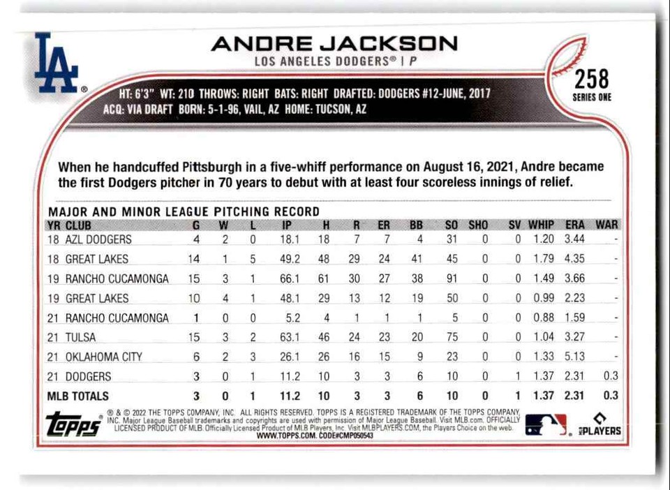 2022 Topps Andre Jackson Baseball Cards #258 | eBay
