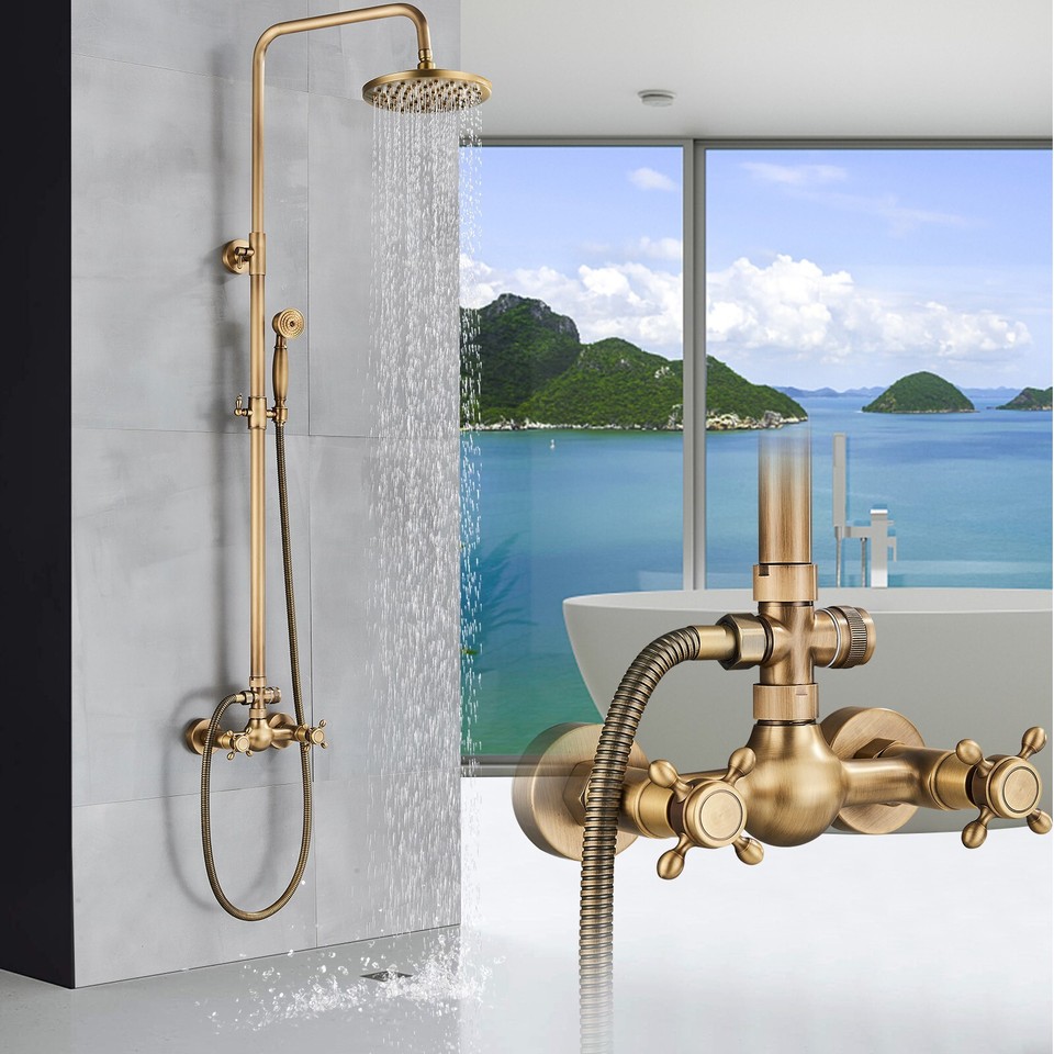 Antique Brass Rainfall Shower Faucet System Set Wall Mount Shower Mixer ...