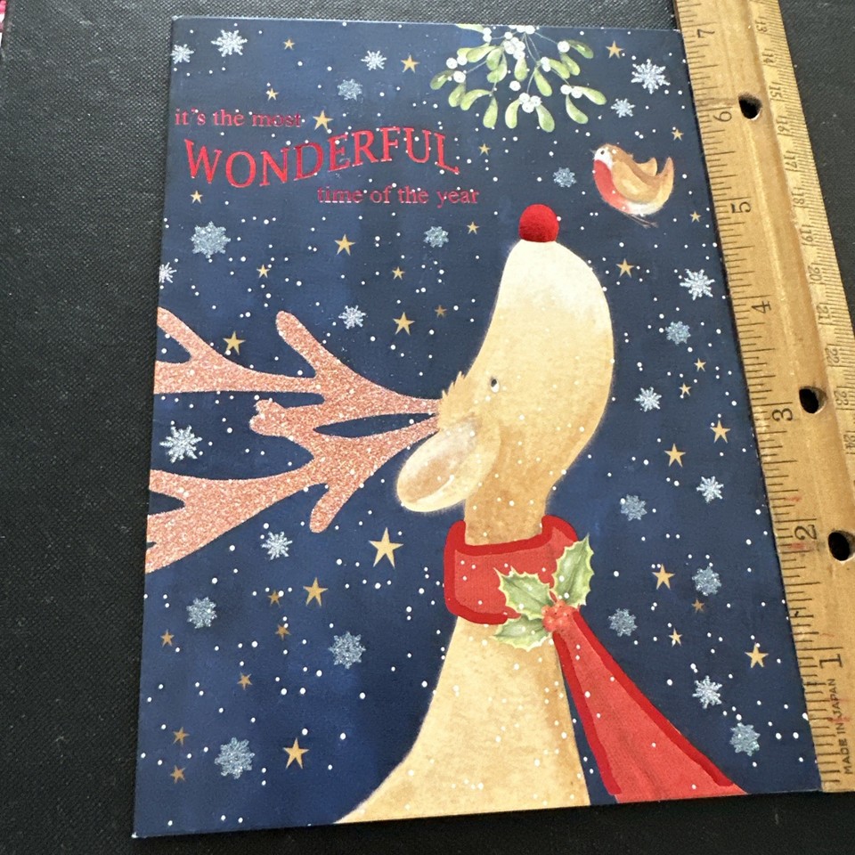 Vtg Christmas Card Deer Reindeer Glitter Robin Bird Karen Tye Bentley ...
