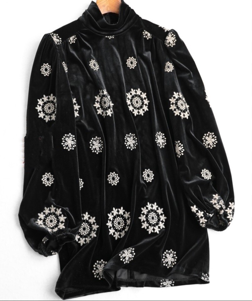 ZARA BLACK VELVET DOILY FLORAL EMBROIDERED HIGH NECK BALLOON SLEEVES ...