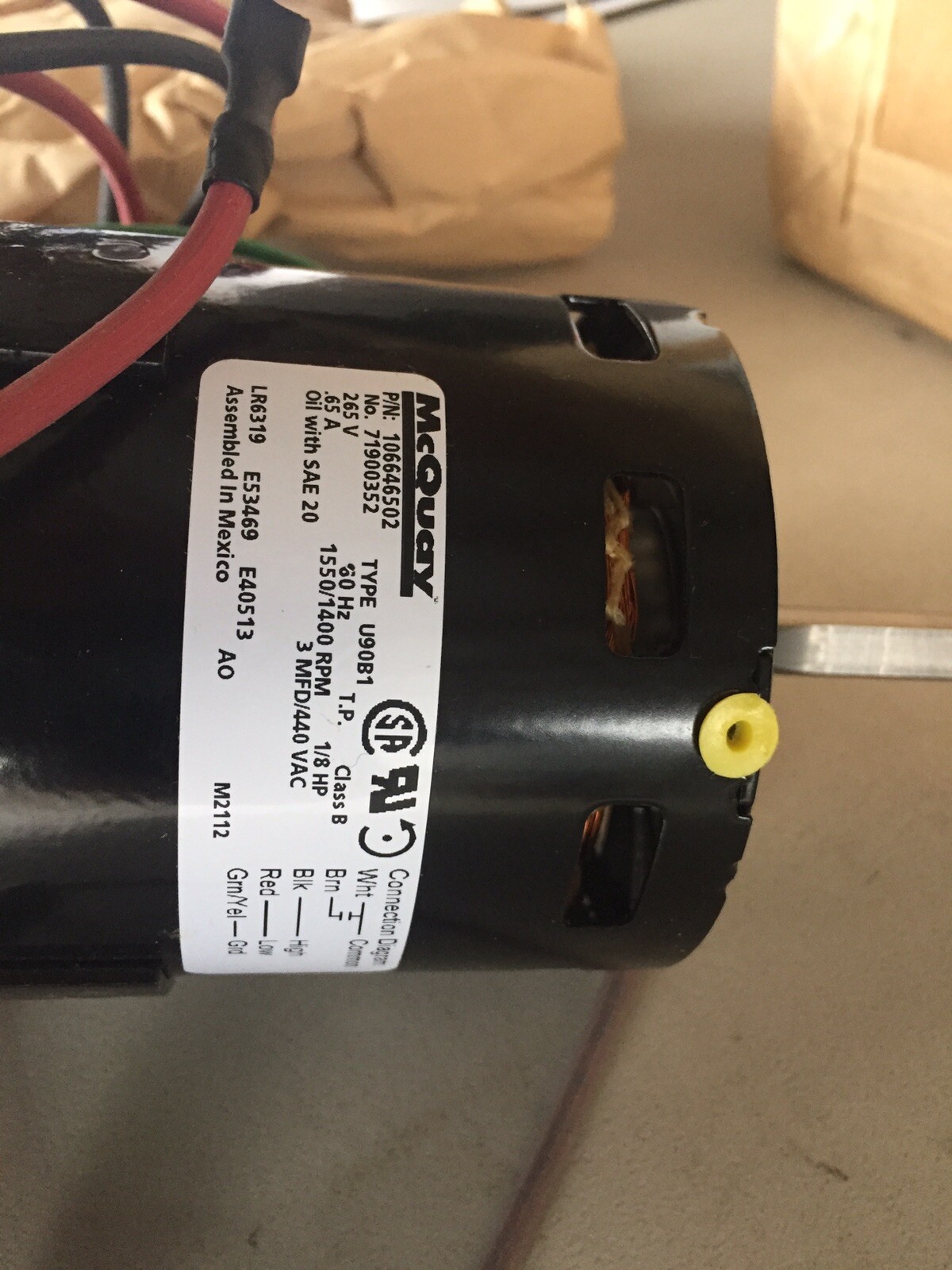 McQuay 106646502 Motor 265V / 60Hz - 1550/1400 RPM - 1/8HP (Type U90B1 ...