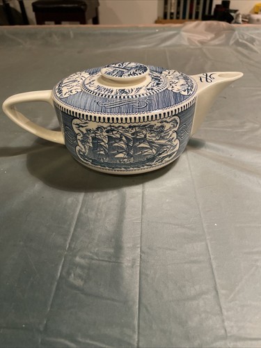 VTG Royal Blue CURRIER & IVES Sailing Ship Teapot Droopy Spout ...