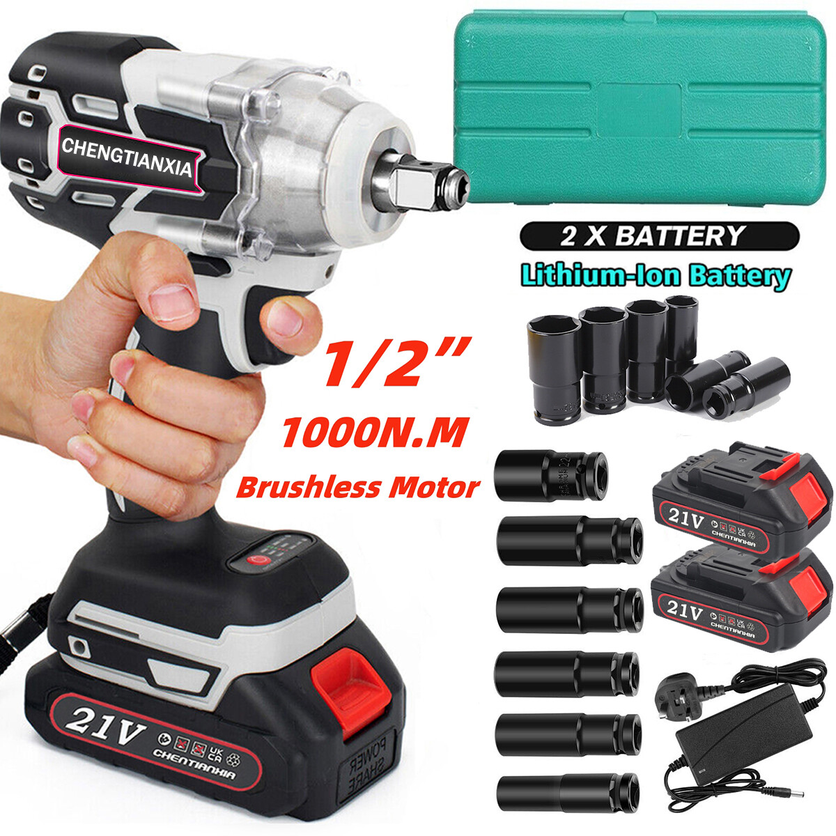 1000Nm 1/2" Cordless Electric Impact Wrench Drill Gun Ratchet Driver 1/ ...