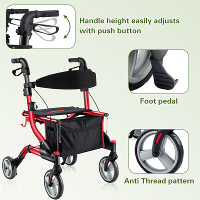 Rollator Walker Aluminium Walking Frame Mobility Aid Rollator 4 Wheels ...