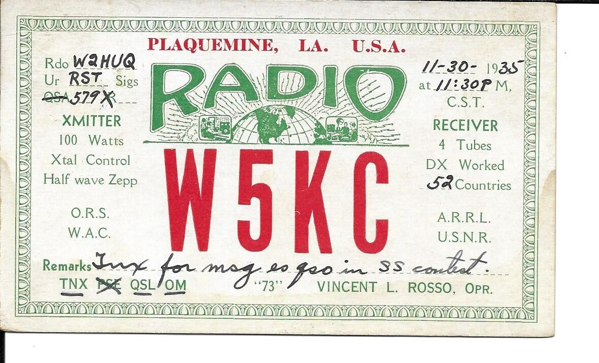 QSL 1935 Plaquemine LA Vincent Rosso W5KC radio card | eBay