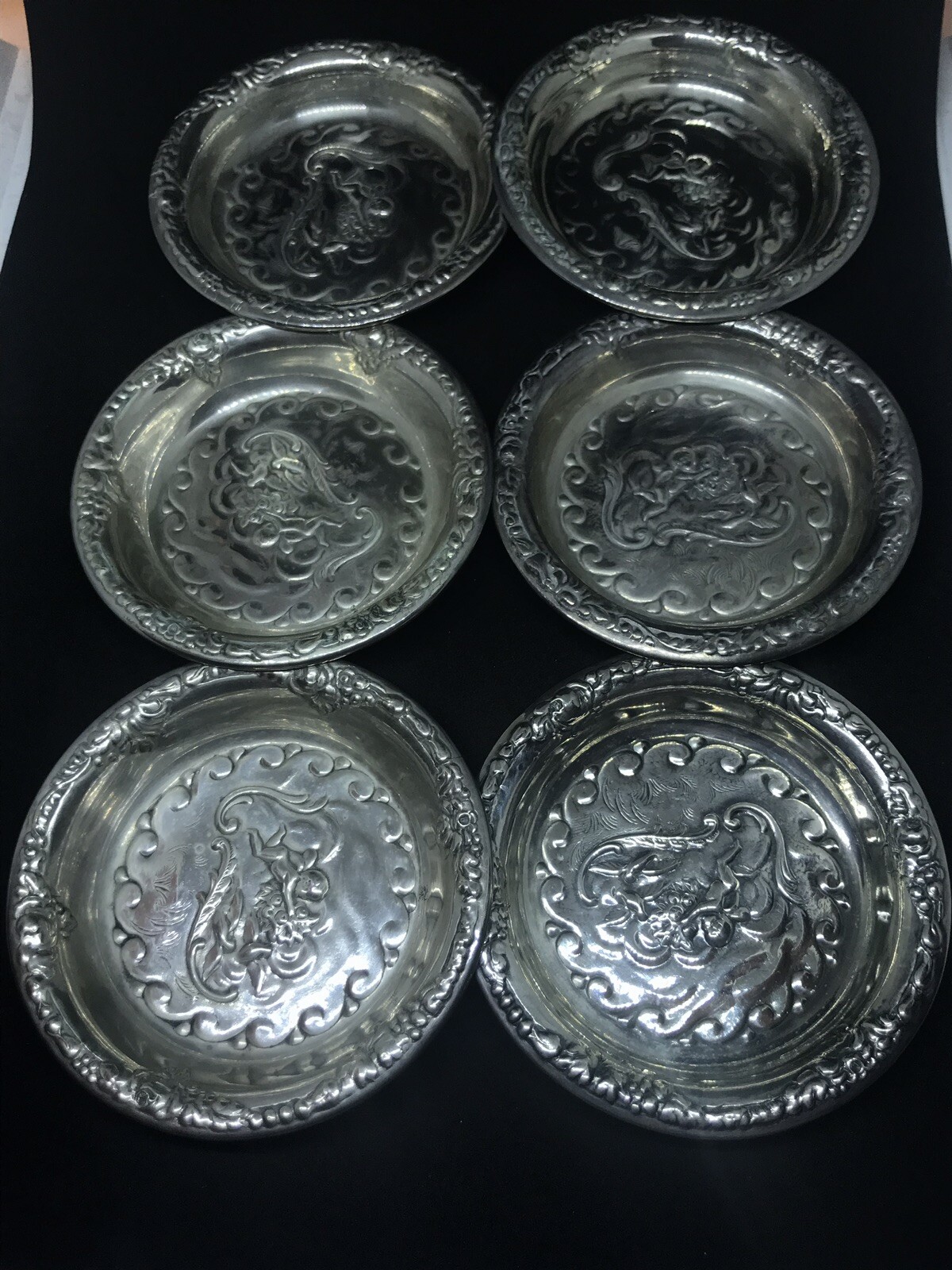 SET OF 6 ANTIQUE STERLING SILVER REPOUSSE ANGEL CHERUB WITH BIRDS NUT ...