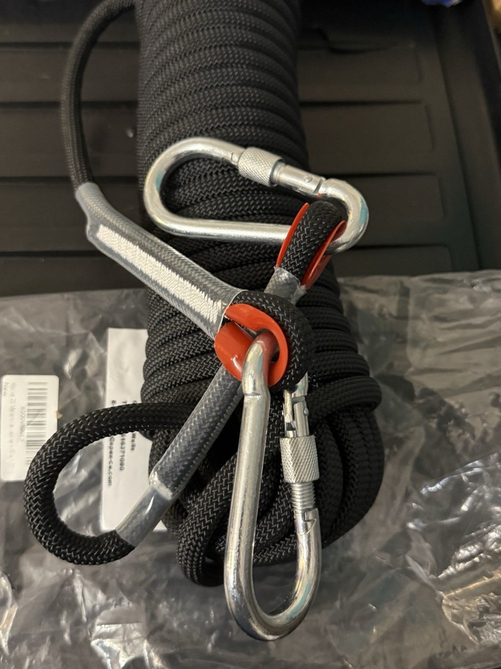 New 20 Meter black static climbing or safety rope with attached ...