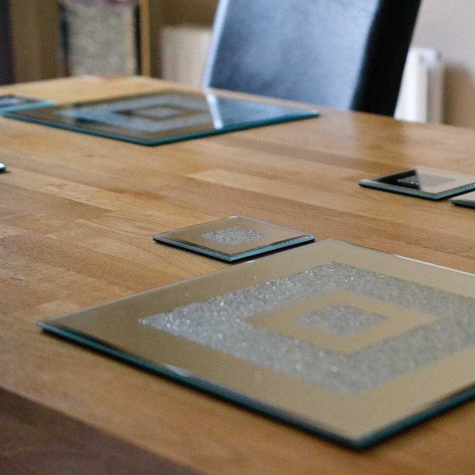 Lustre Silver Sparkle Glitter Mirrored Glass Coaster Set of 4 Mat Home ...