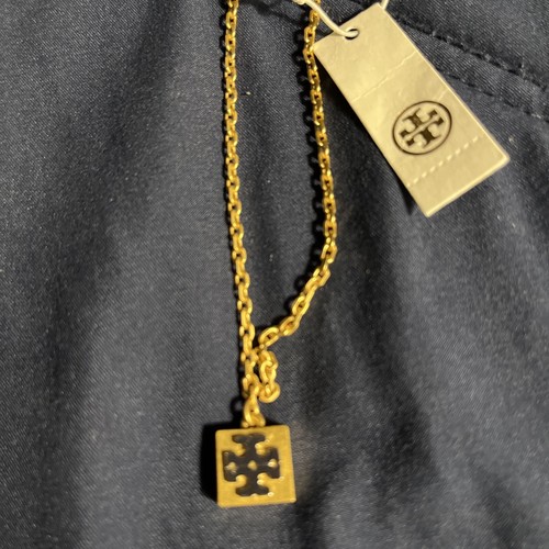 TORY BURCH BLOCK T LOGO CHARM NECKLACE GOLD TONE GENUINE NWT FREE ...