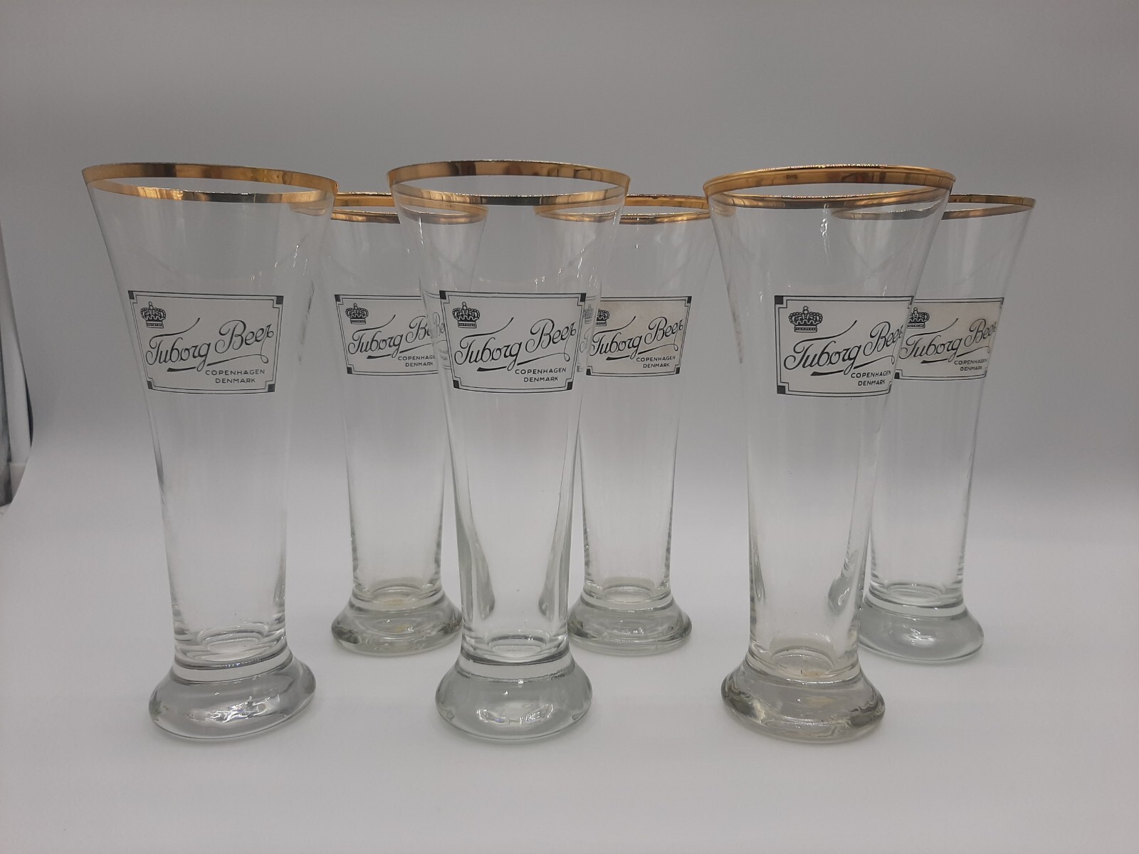 Lot of 6 Vintage Tuborg Beer Gold Rim Pilsner Glass Copenhagen Denmark ...