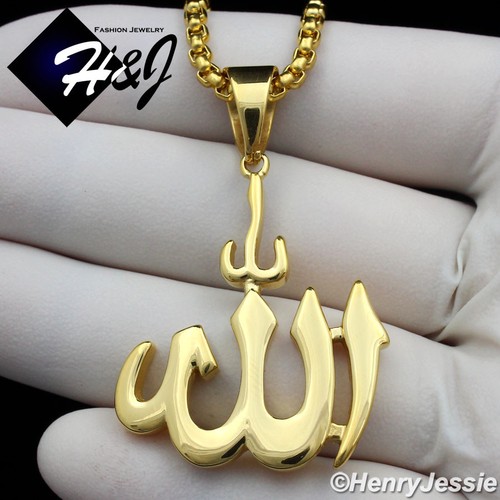 24"MEN Stainless Steel 3mm Gold Plated Box Link Chain Muslim Allah ...