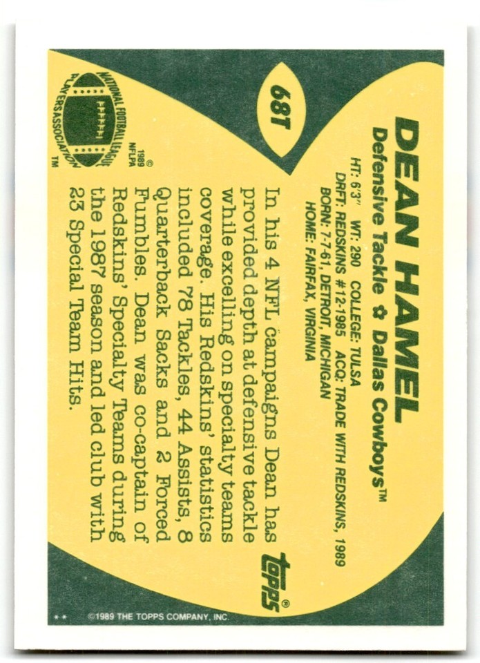 1989 Topps Traded Dean Hamel Rookie Dallas Cowboys #68T | eBay