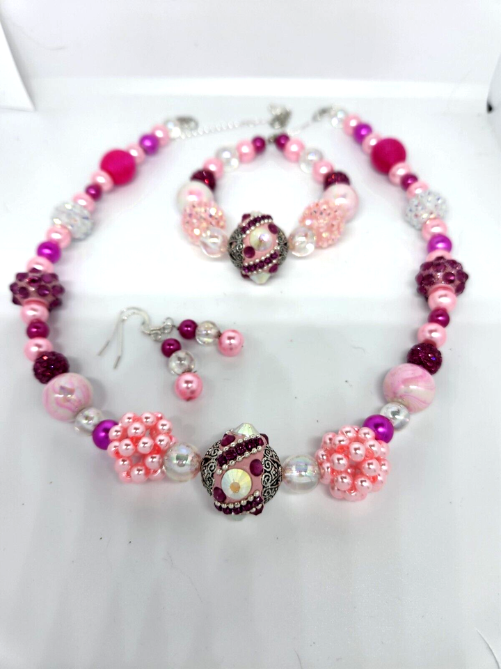 NEW LILAH ANN handmade PINK beaded NECKLACE earrings BRACELET SET beads ...
