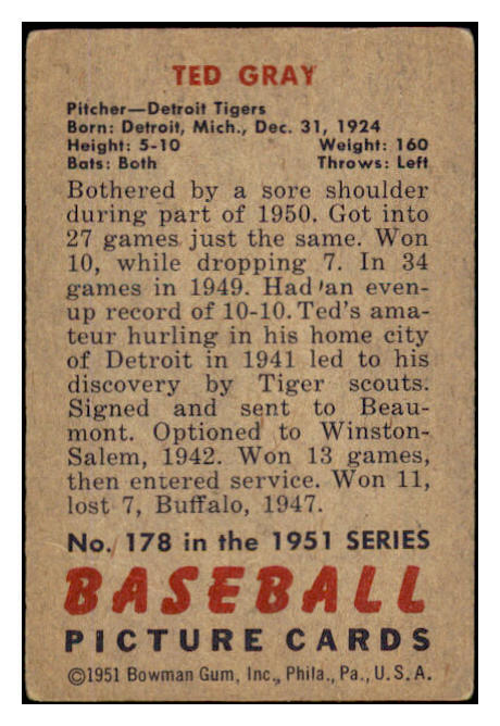 1951 BOWMAN #178 TED GRAY TIGERS VG-EX 489618 (KYCARDS) | eBay