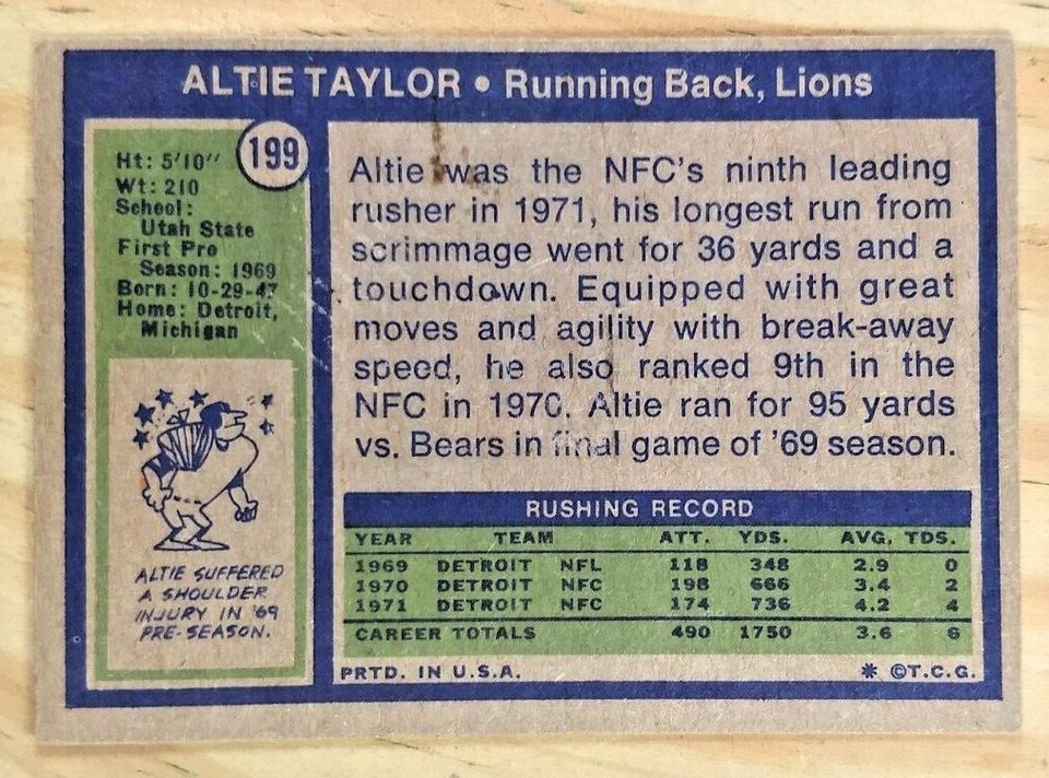 1972 TOPPS ALTIE TAYLOR CARD#199 DETROIT LIONS HOUSTON OILERS UTAH ...