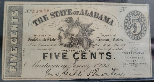 1863 State of Alabama 5 cent note- 1st Series XF | eBay