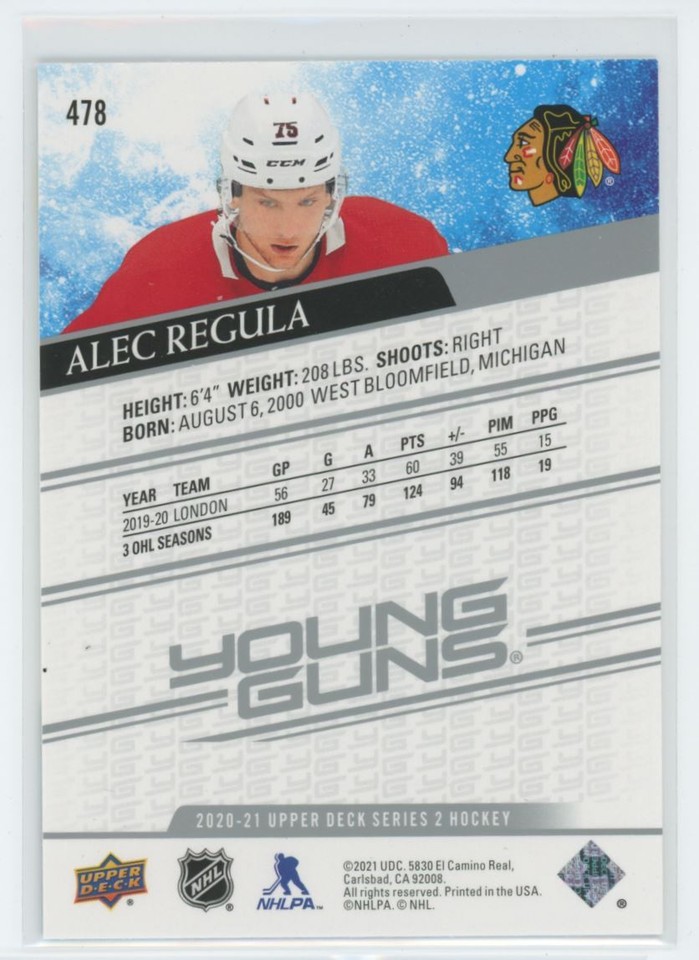 2020-21 Upper Deck Young Guns Alec Regula Rookie Chicago Blackhawks ...