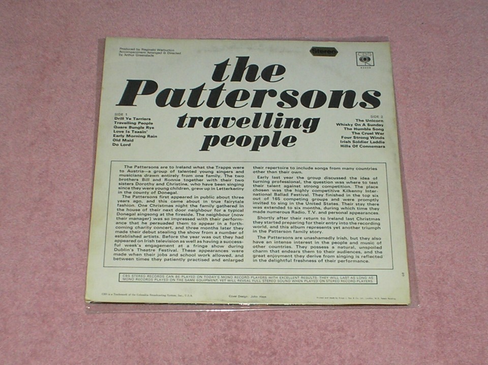 The Pattersons LP Travelling People '68 UK Folk Country Arthur ...