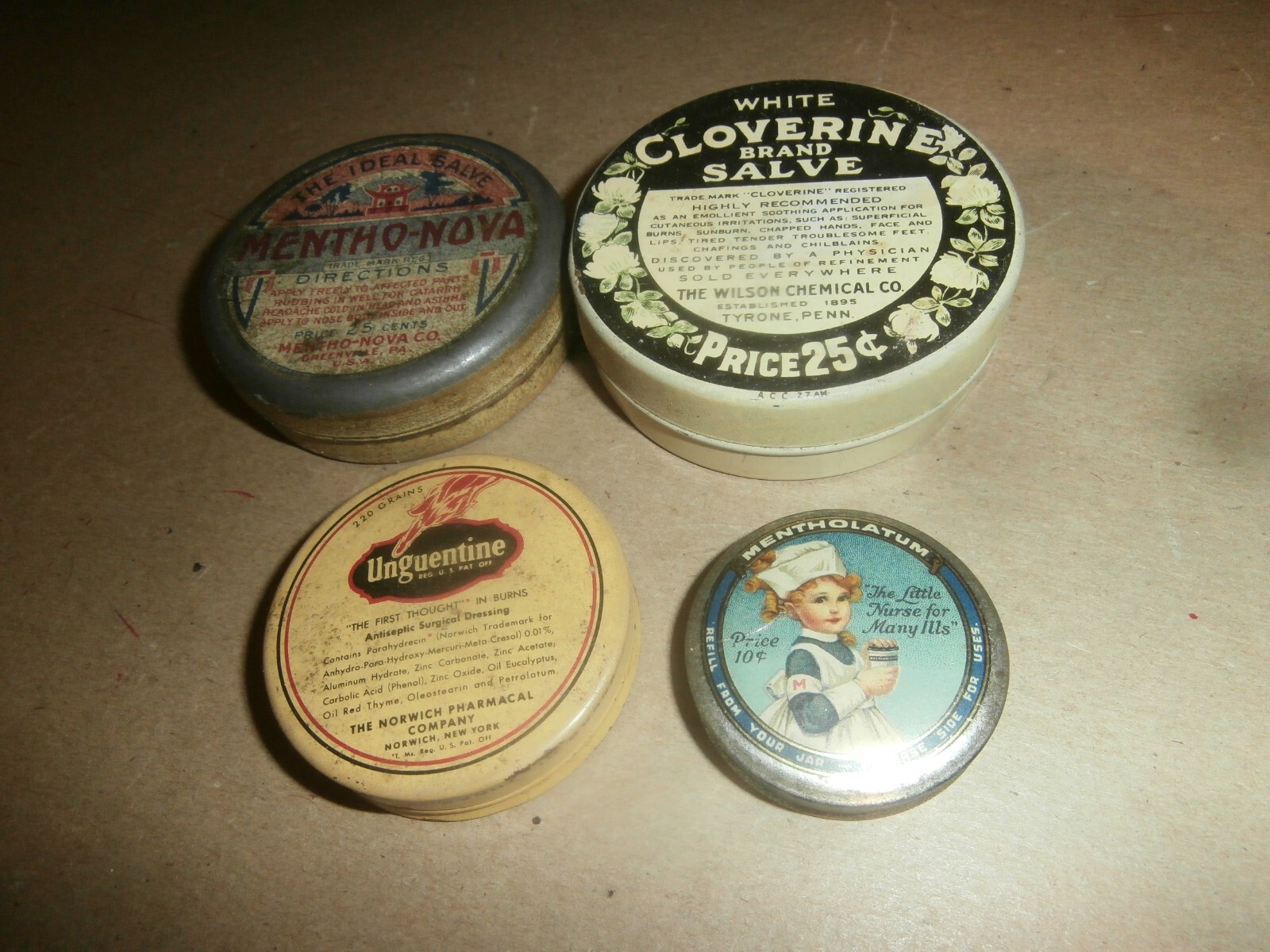 4 Vintage Tins Mentholatum Little Nurse Mentho-Nova Unguentine ...