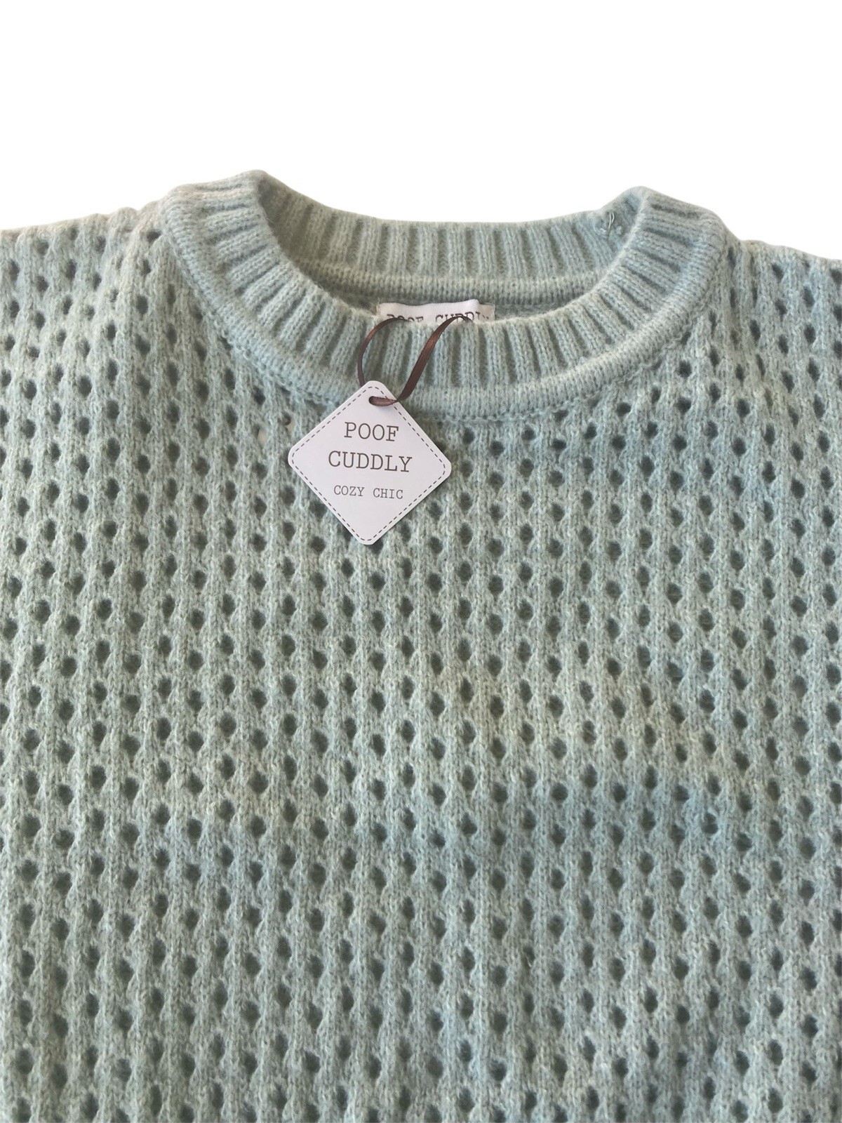Poof Cuddly Sage Green Sweater Cropped Hollow Out Knit Crew Neck Woman ...