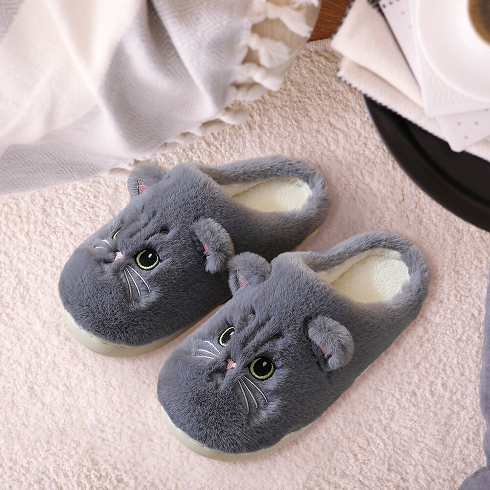 Women Men Home Cotton Shoes Cozy Cute Cat Slippers for Winter (Grey 38 ...