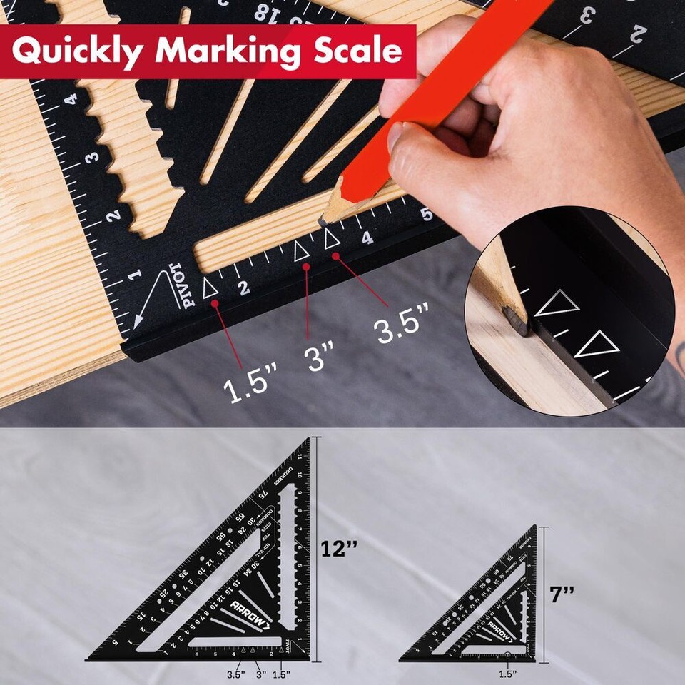 Arrow 2PCS Aluminum Alloy Carpenter Square Set 7" 12" Rafter Square ...