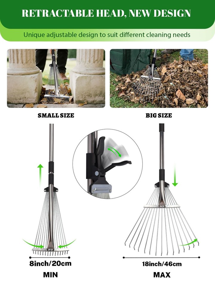 Adjustable Metal Leaf Rake Set Garden Rake for Leaves Long Handle 37 ...