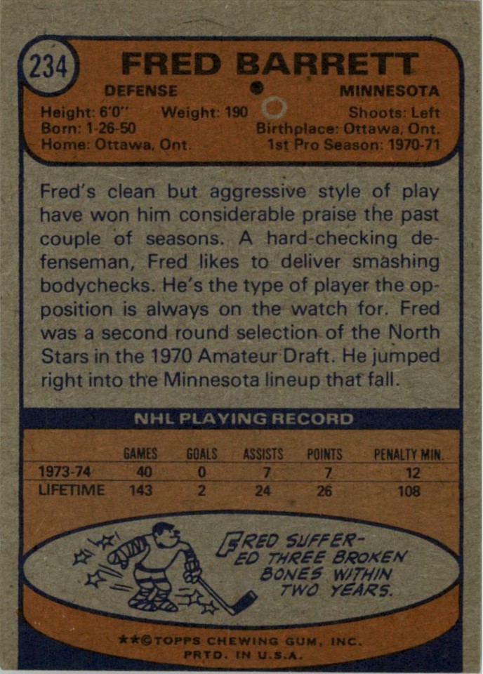 1974-75 Topps #234 Fred Barrett - VG-EX | eBay