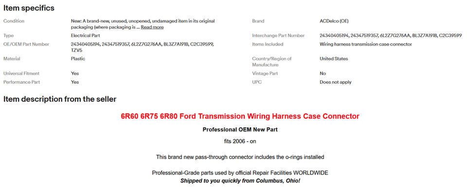 fits Ford 6R60 6R75 6R80 Transmission Case Connector for Vehicle Wiring ...
