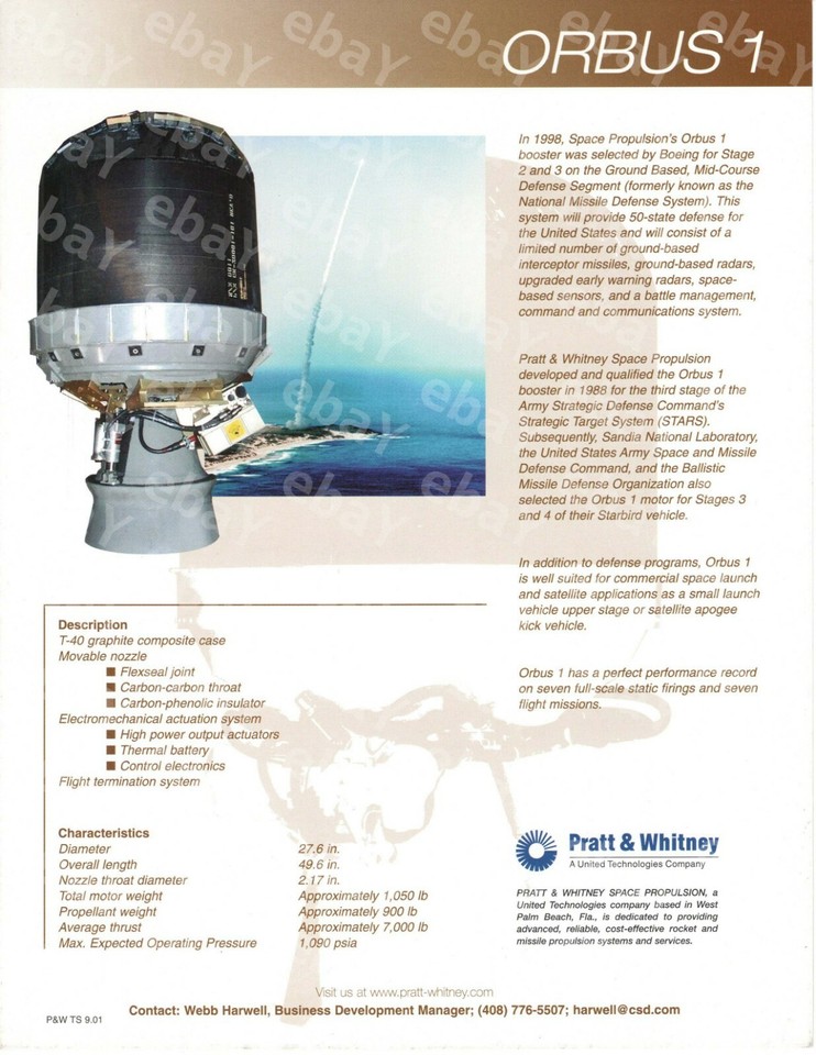 Pratt & Whitney Space Propulsion ORBUS 1 Missile Defense System 2-Sided ...