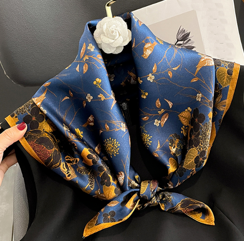 100% Silk 26" square Scarf Women neckerchief Wrap floral navy blue WY16 ...