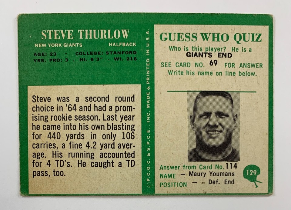 1966 Philadelphia Football #129 Steve Thurlow (Giants) OOK14 | eBay