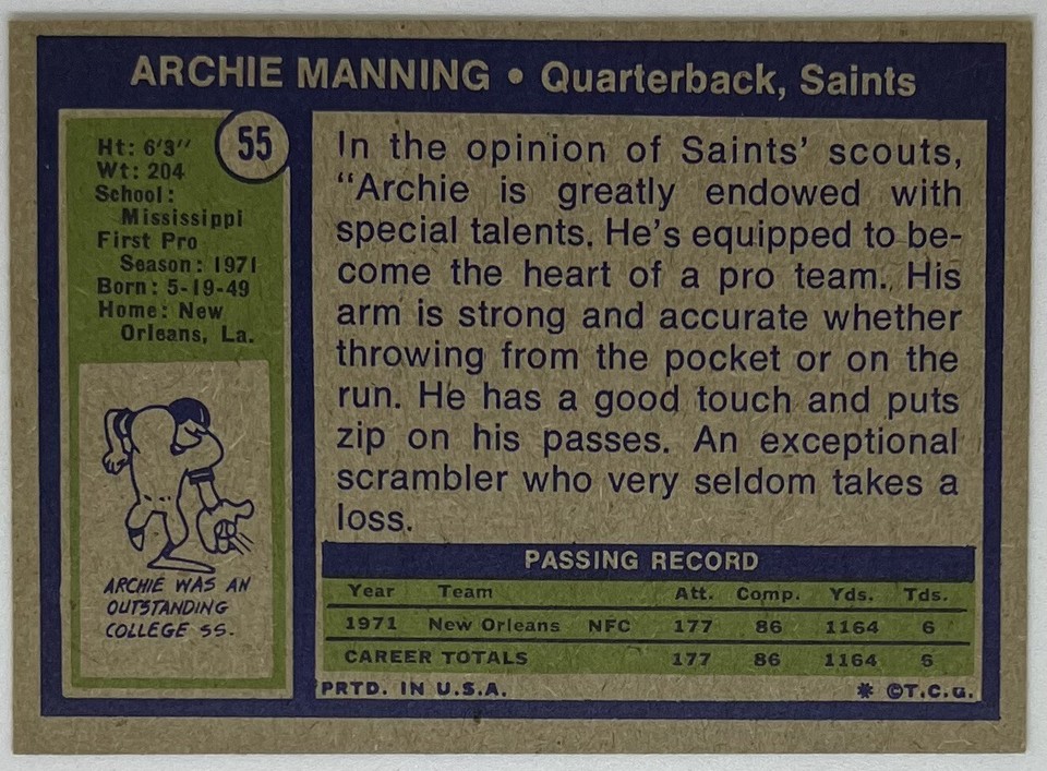 1972 Topps #55 Archie Manning Rookie Card EX-MT Condition | eBay
