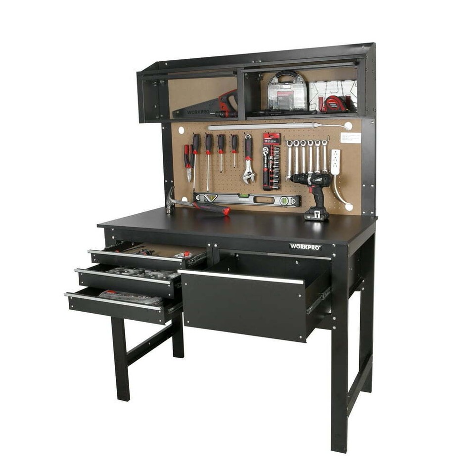 Workbench Cabinet Combo w Light 4" Tool Work Bench Steel Table Storage ...
