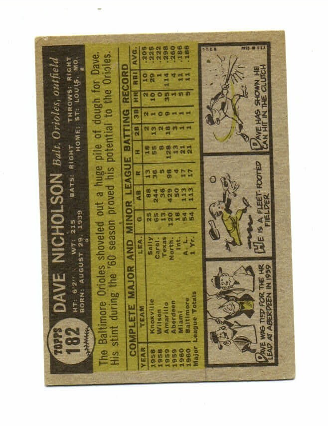 1961 Topps Dave Nicholson Baltimore Orioles #182-VG+ | eBay