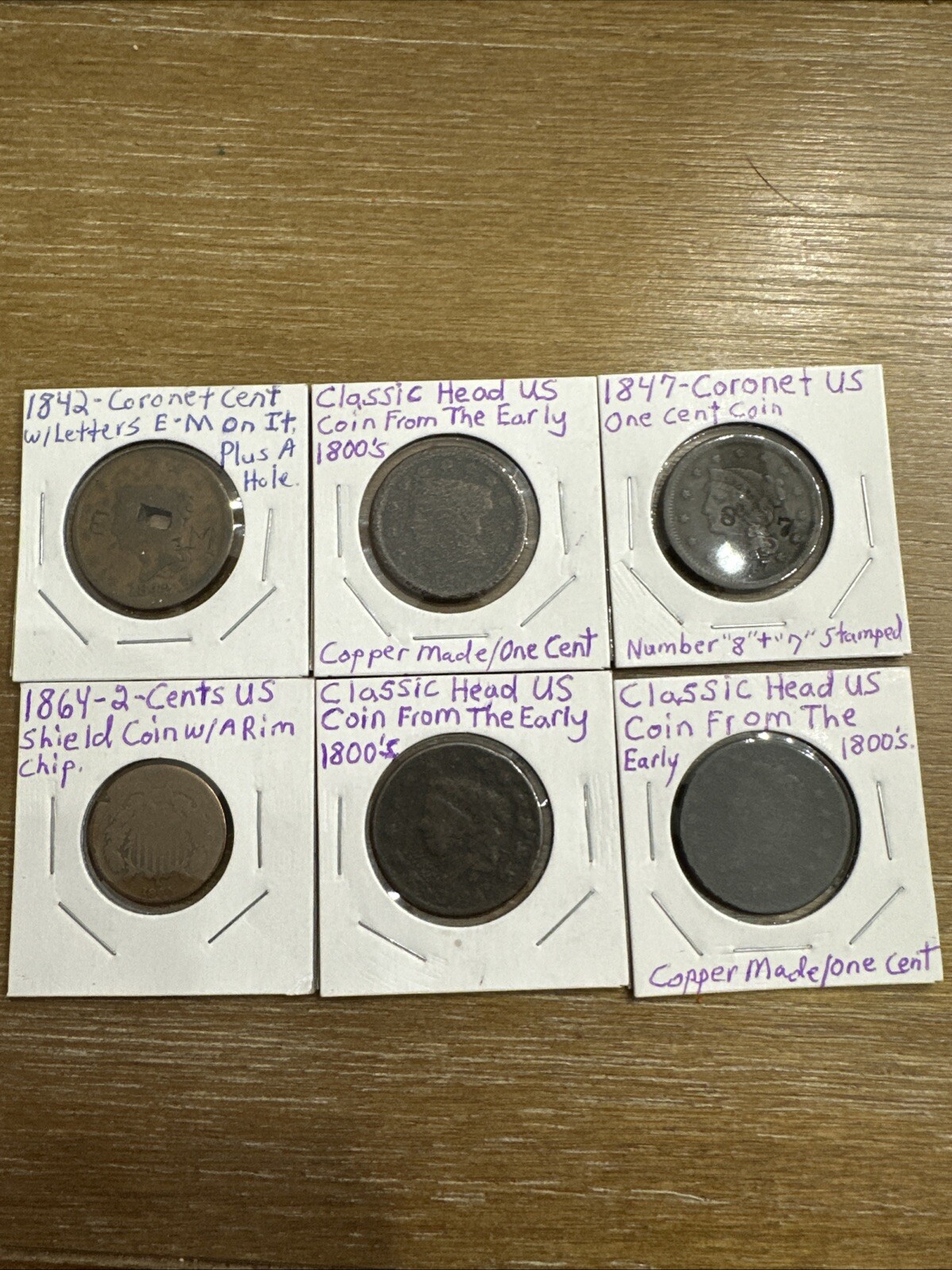 Lot Of 6 Old Coins, 5 Coronet Head Large 1 One Cent And 1 1864 2-Cent ...