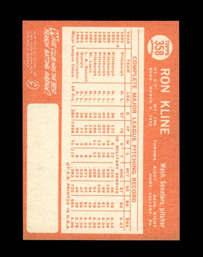 1964 Topps Set-Break #358 Ron Kline NR-MINT *GMCARDS* | eBay
