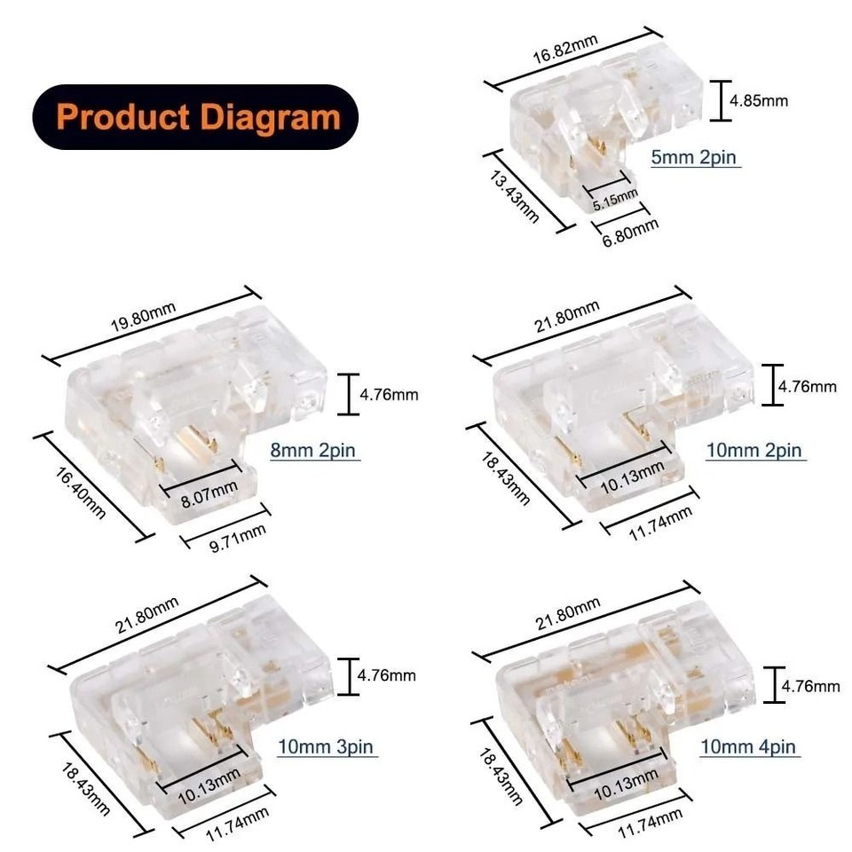 5/8/10mm Solderless L Shape Cover Connectors LED Strip Connector ...