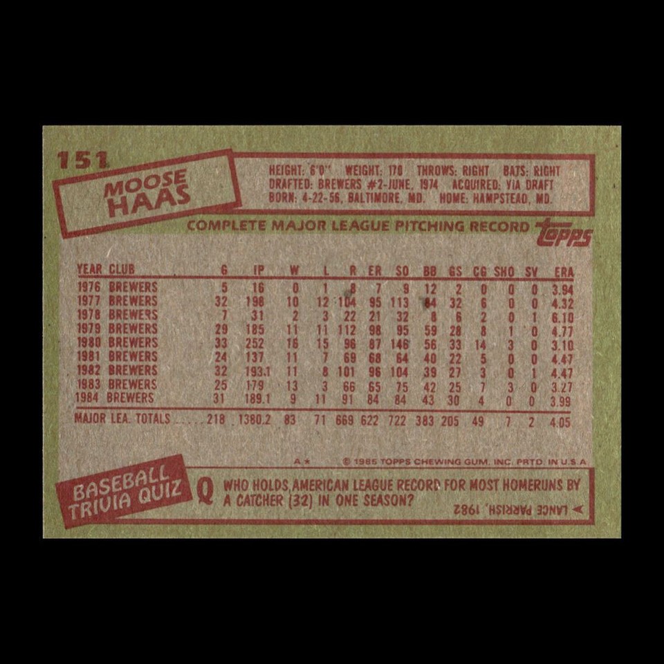Moose Haas 1985 Topps Milwaukee Brewers #151 R321H 16 | eBay