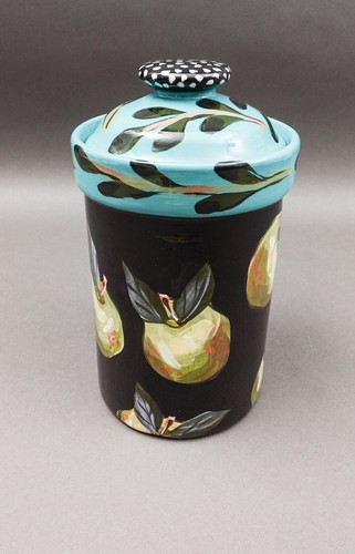 Droll Designs Hand Painted Apple Fruit Art Pottery Lidded Jar Canister ...